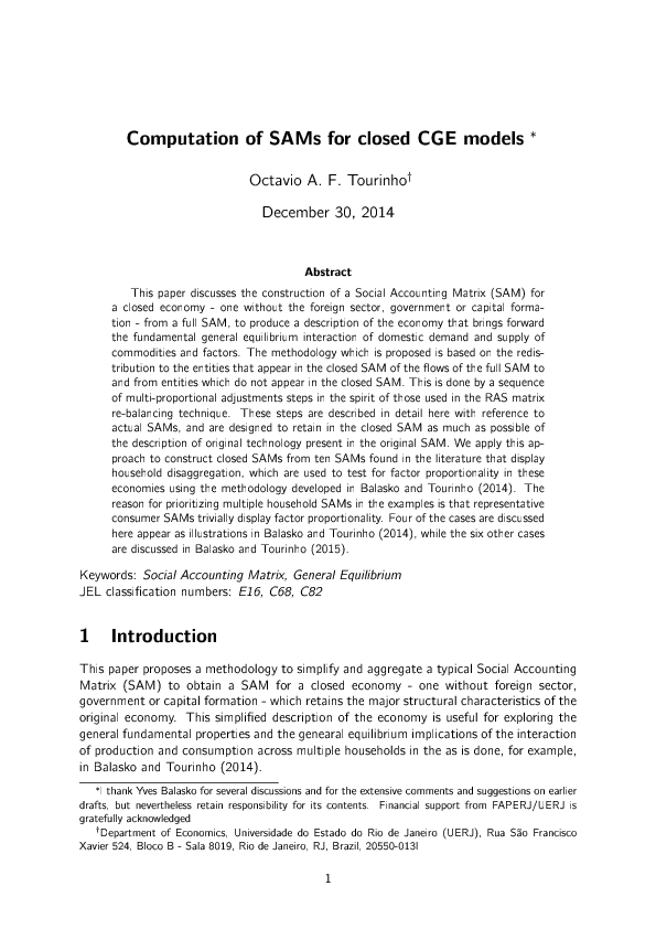 Computation of SAMs for closed CGE models (version dated 30-12-2014)