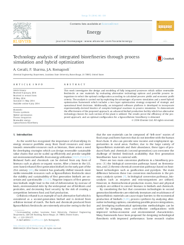 (PDF) Technology analysis of integrated biorefineries through process simulation and hybrid ...