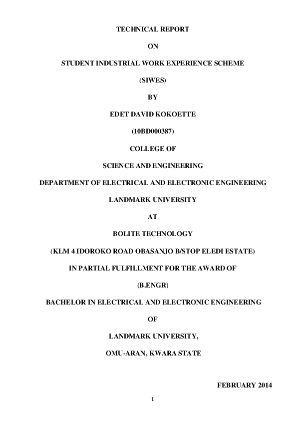 (PDF) STUDENT INDUSTRIAL WORK EXPERIENCE SCHEME (SIWES) OF LANDMARK ...