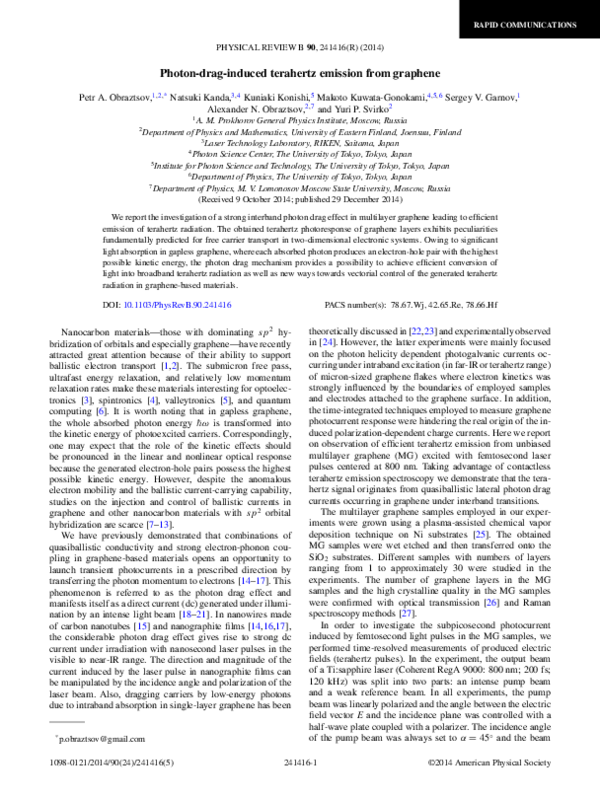 (PDF) Photon-drag-induced terahertz emission from graphene