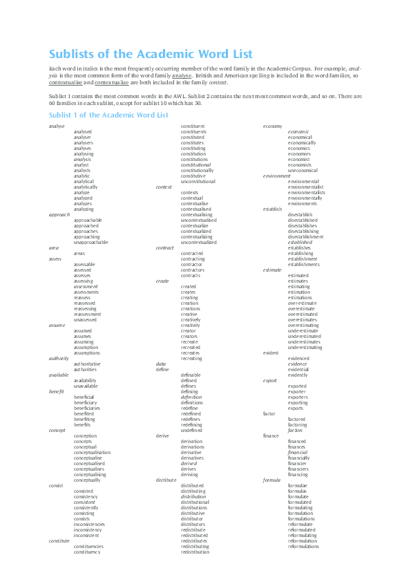 (PDF) Sublists of the Academic Word List