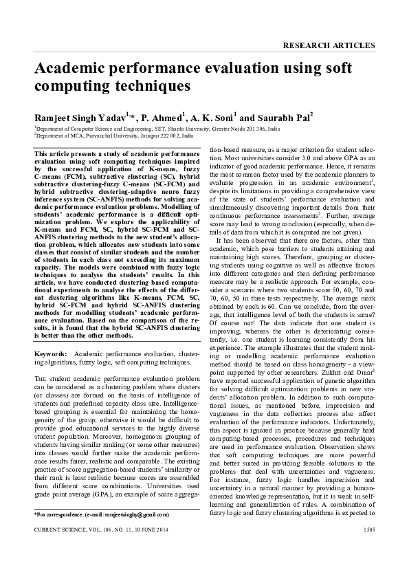 Pdf Academic Performance Evaluation Using Soft Computing Techniques