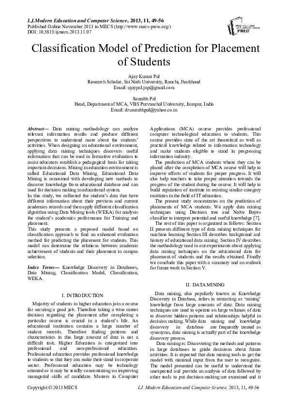 (PDF) Classification Model of Prediction for Placement of Students