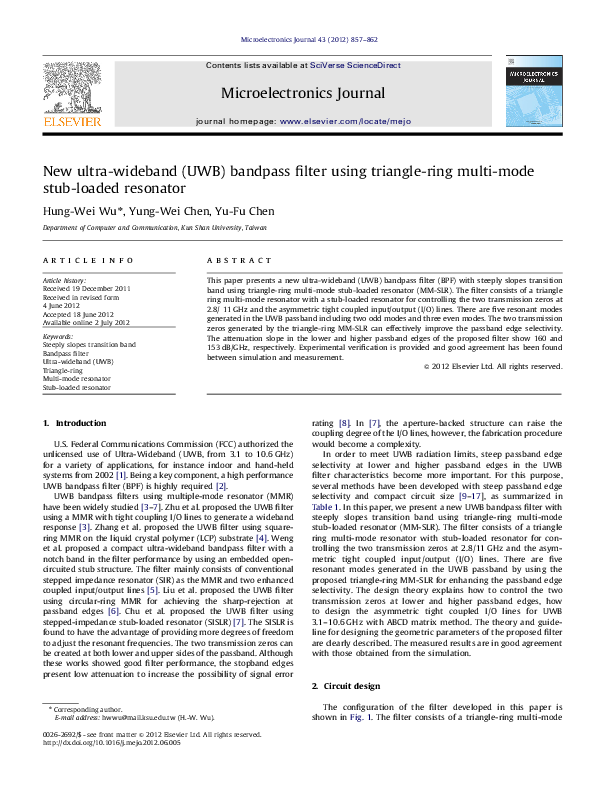 (PDF) New ultra-wideband (UWB) bandpass filter using triangle-ring multi-mode stub-loaded resonator