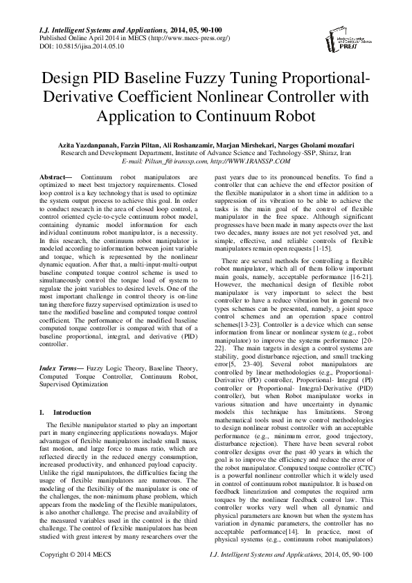 Pdf Design Pid Baseline Fuzzy Tuning Proportionalderivative Coefficient Nonlinear Controller