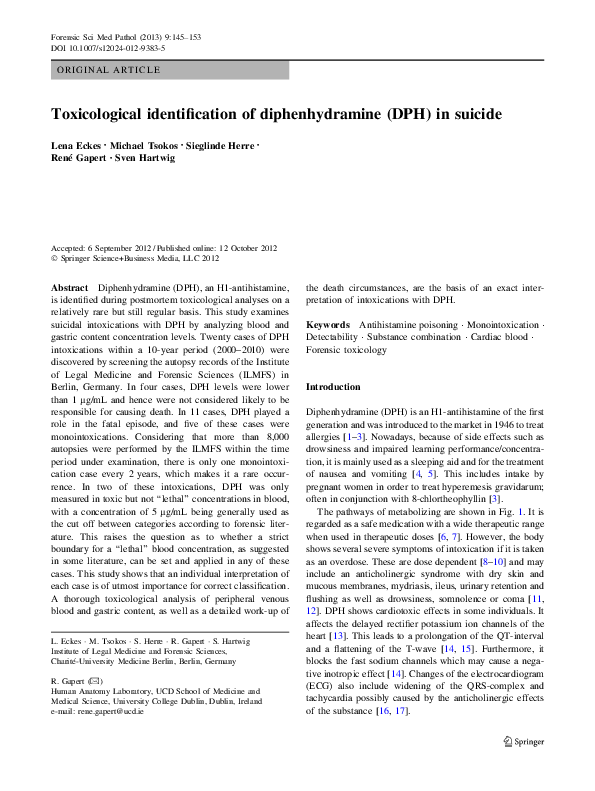 (PDF) Toxicological identification of diphenhydramine (DPH) in suicide