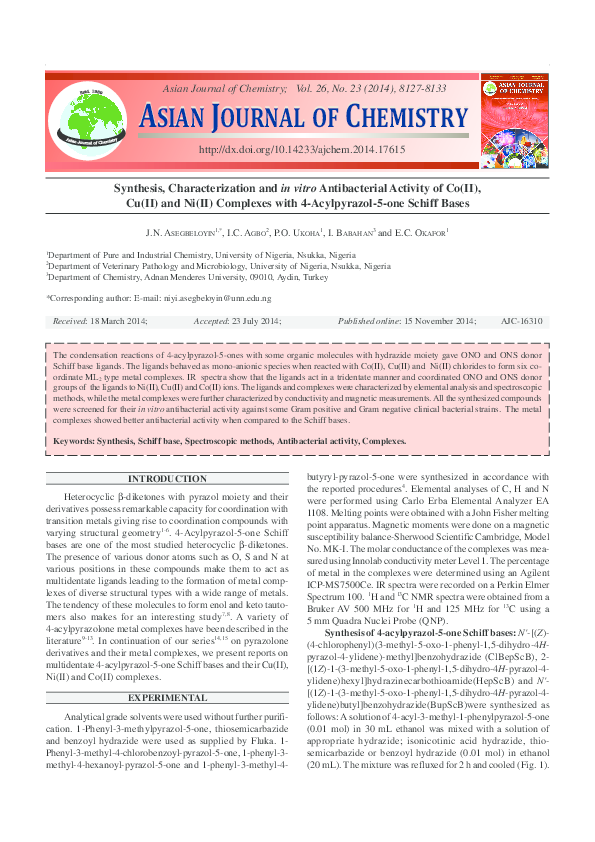 (PDF) Synthesis, Characterization and in vitro Antibacterial Activity of Co(II), Cu(II) and Ni ...