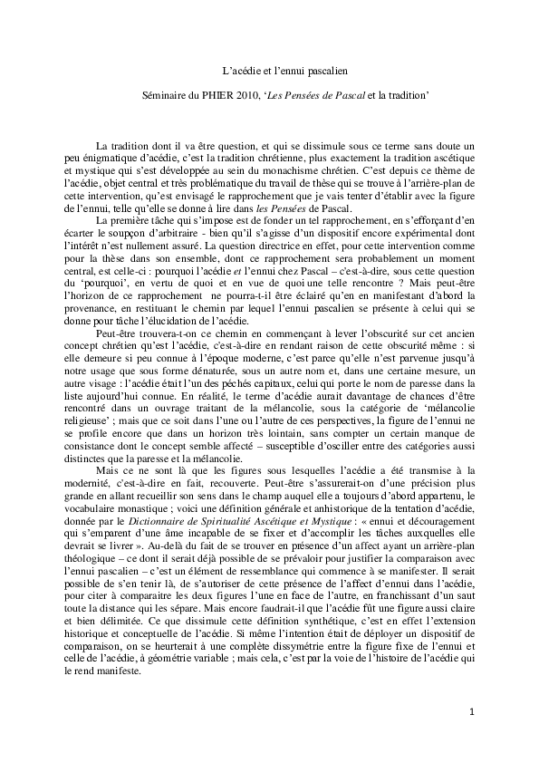 (PDF) Acédie et ennui pascalien