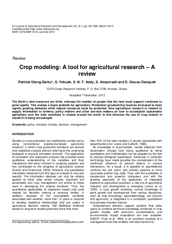 (PDF) Crop modelling : a tool for agricultural research- A review