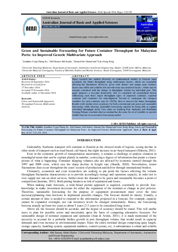 Pdf Green And Sustainable Forecasting For Future Container Throughput For Malaysian Ports An