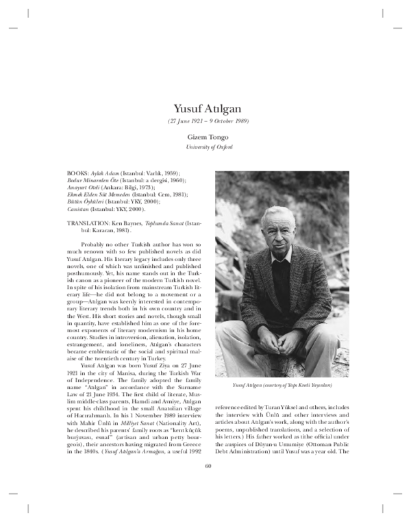 (PDF) "Yusuf Atılgan" in Dictionary of Literary Biography: Modern ...