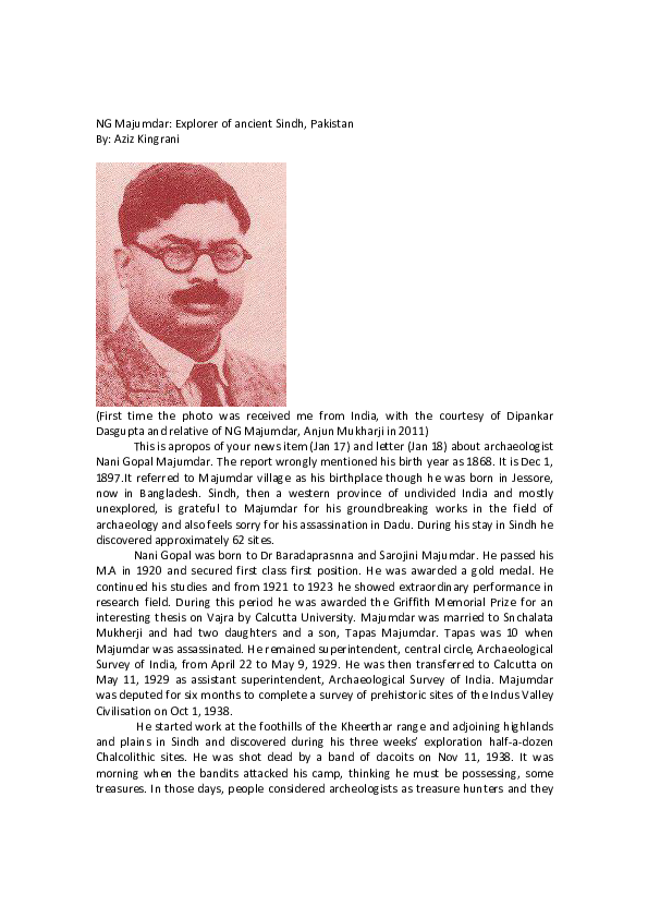 (PDF) Nani Gopal, NG Majumdar: An explorer of ancient Sindh, Pakistan