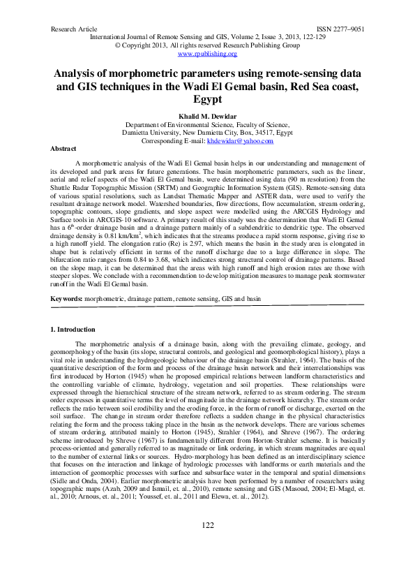Pdf Analysis Of Morphometric Parameters Using Remote Sensing Data And