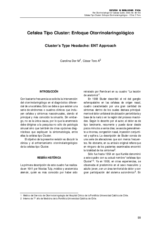 (PDF) Cefalea Tipo Cluster: Enfoque Otorrinolaringológico Cluster's ...