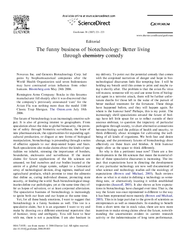 (PDF) The funny business of biotechnology: Better living through comedy ...