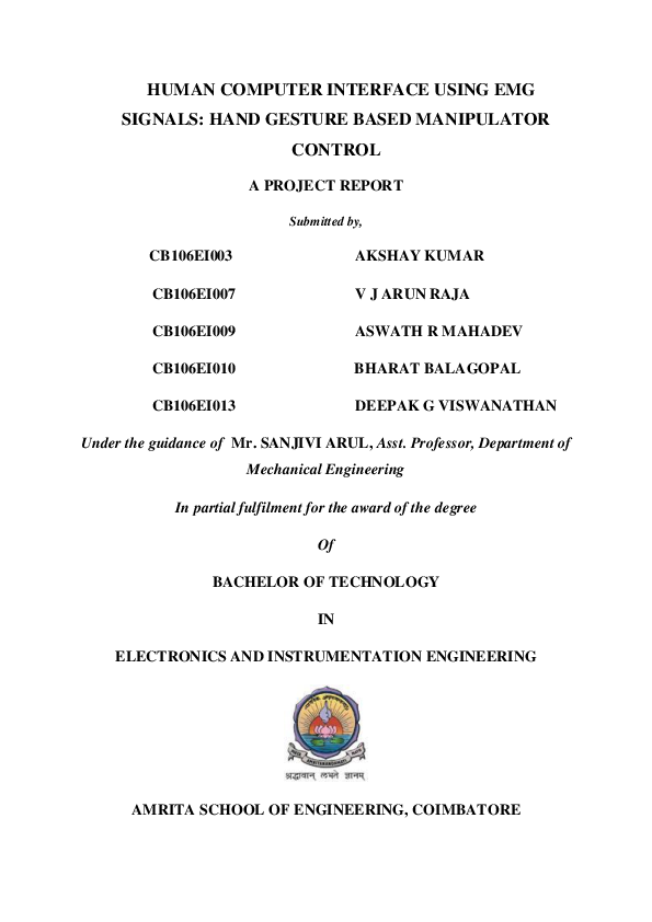 Pdf Human Computer Interface Using Emg Signals Hand Gesture Based Manipulator Control A