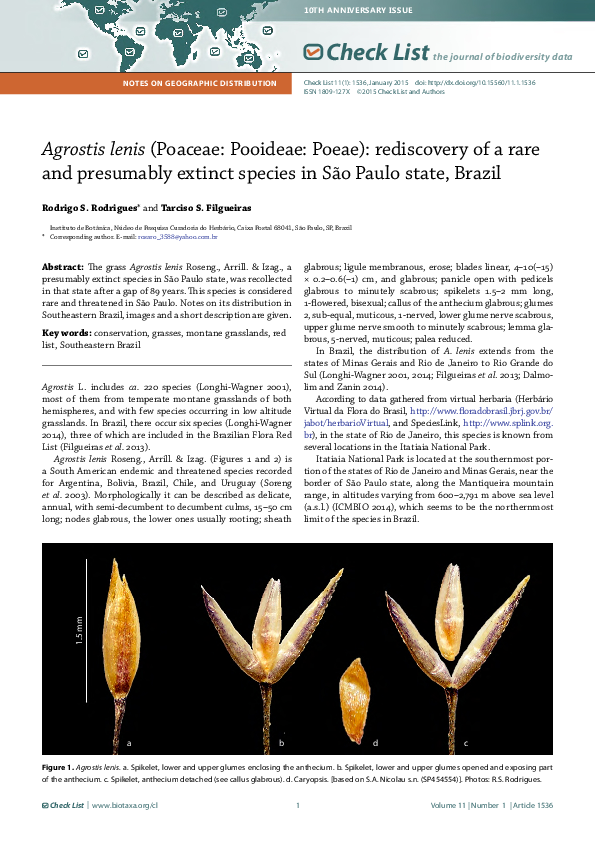 (PDF) Agrostis lenis (Poaceae: Pooideae: Poeae): rediscovery of a rare ...