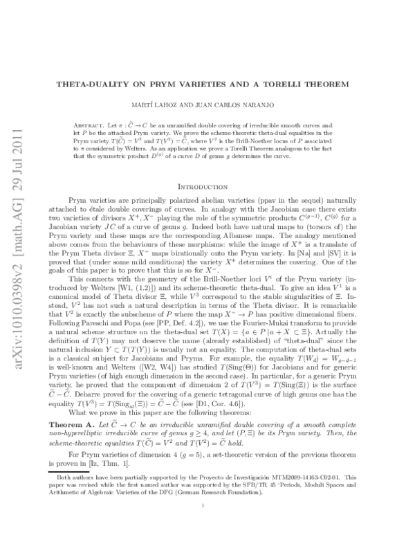 (PDF) Theta-duality on Prym varieties and a Torelli Theorem | Juan ...