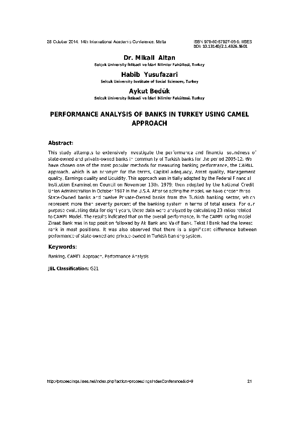 (PDF) PERFORMANCE ANALYSIS OF BANKS IN TURKEY USING CAMEL APPROACH