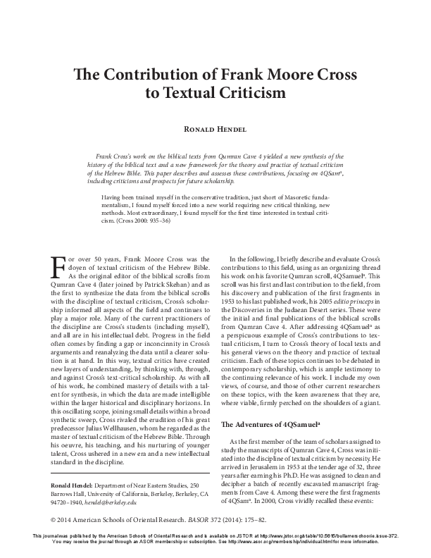 (PDF) The Contribution of Frank Moore Cross to Textual Criticism