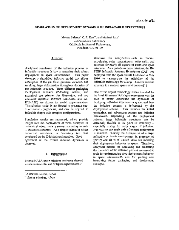 Pdf Simulation Of Deployment Dynamics Of Inflatable Structures