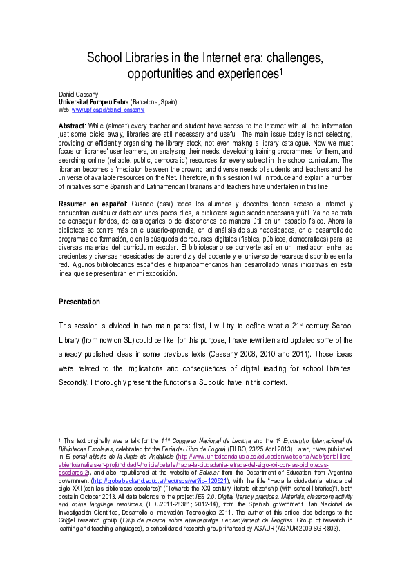 (PDF) School Libraries in the Internet era: challenges, opportunities ...