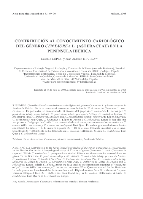 (PDF) CONTRIBUCIÓN AL CONOCIMIENTO CARIOLÓGICO DEL GÉNERO CENTAUREA L. (ASTERACEAE) EN LA ...