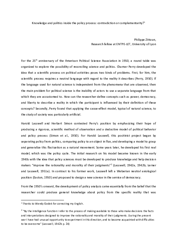 (PDF) Knowledge and Politics inside the policy process: contradiction ...