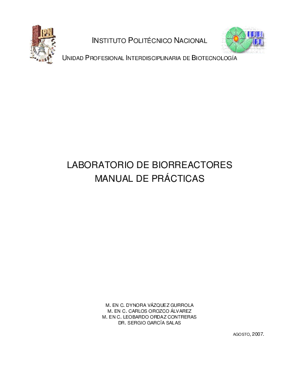 (PDF) MANUAL DE PRÁCTICAS DE LABORATORIO: BIORREACTORES
