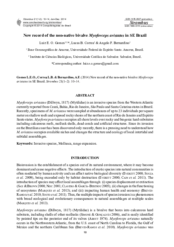 (PDF) New record of the non-native bivalve Myoforceps aristatus in SE ...