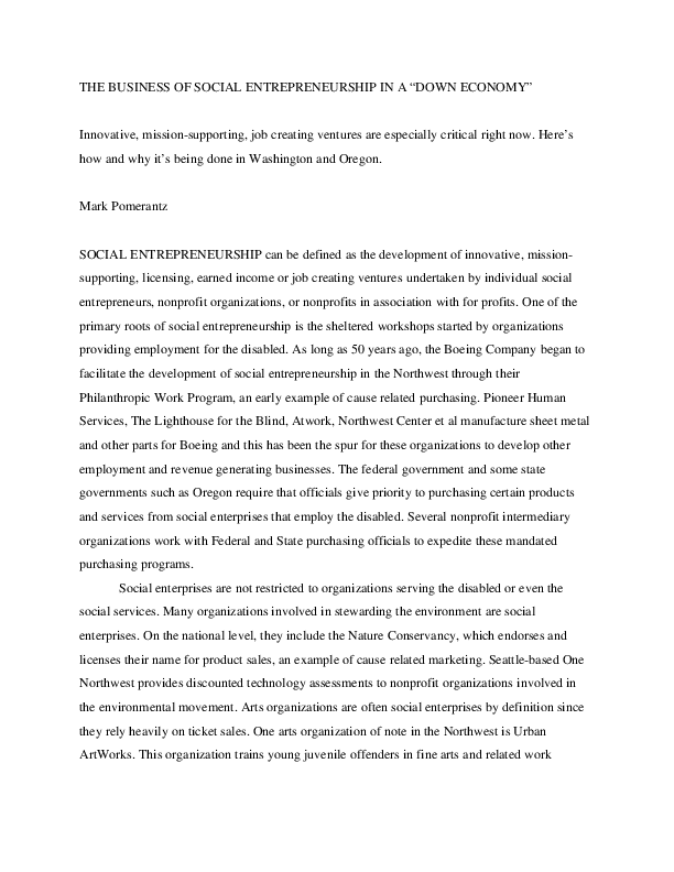 (DOC) THE BUSINESS OF SOCIAL ENTREPRENEURSHIP IN A “DOWN ECONOMY”