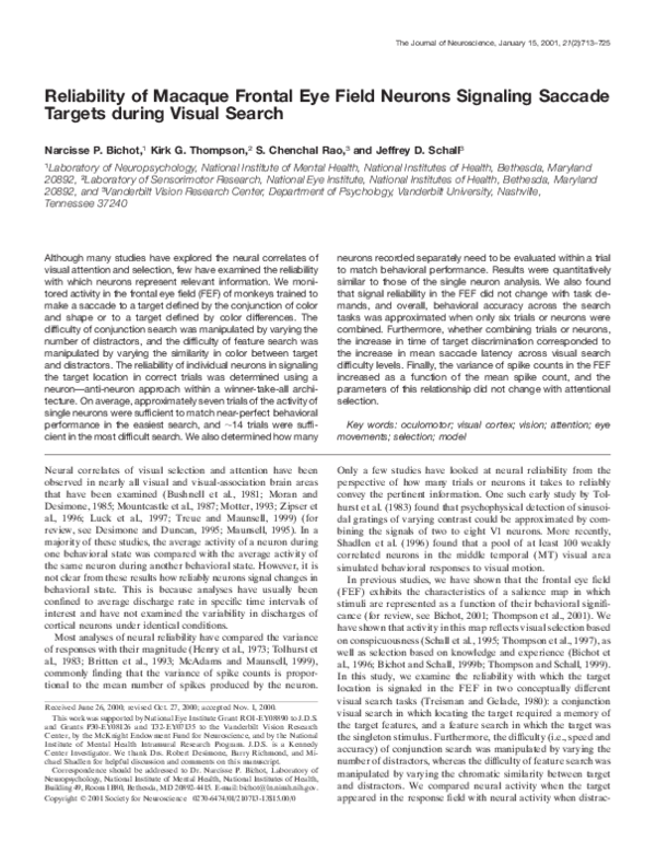 (PDF) Reliability of Macaque Frontal Eye Field Neurons Signaling Saccade Targets during Visual ...