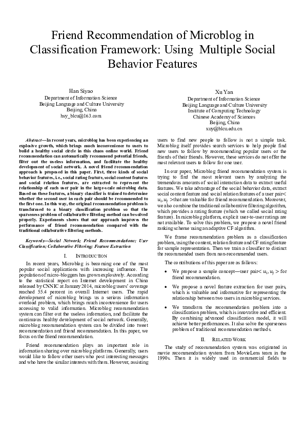 (PDF) Friend Recommendation of Microblog in Classification Framework: Using Multiple Social ...