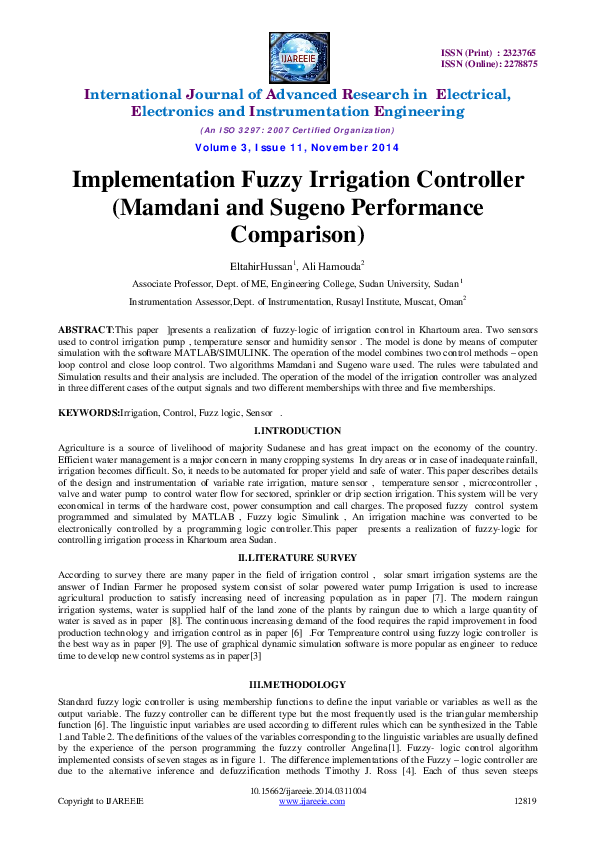 Pdf Implementation Fuzzy Irrigation Controller Mamdani And Sugeno Performance Comparison