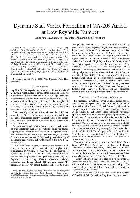 (PDF) Dynamic Stall Vortex Formation of OA-209 Airfoil at Low Reynolds Number