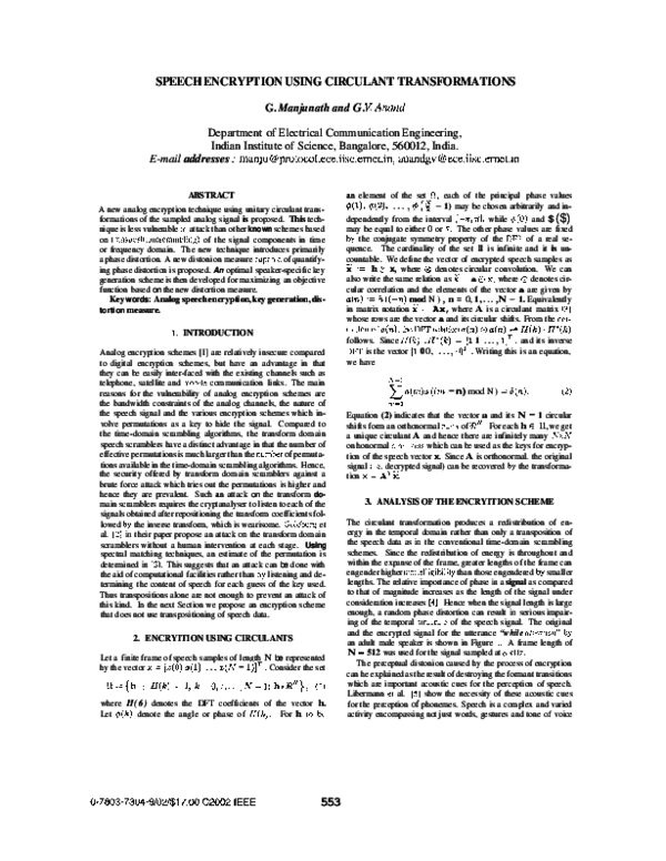 (PDF) Speech encryption using circulant transformations