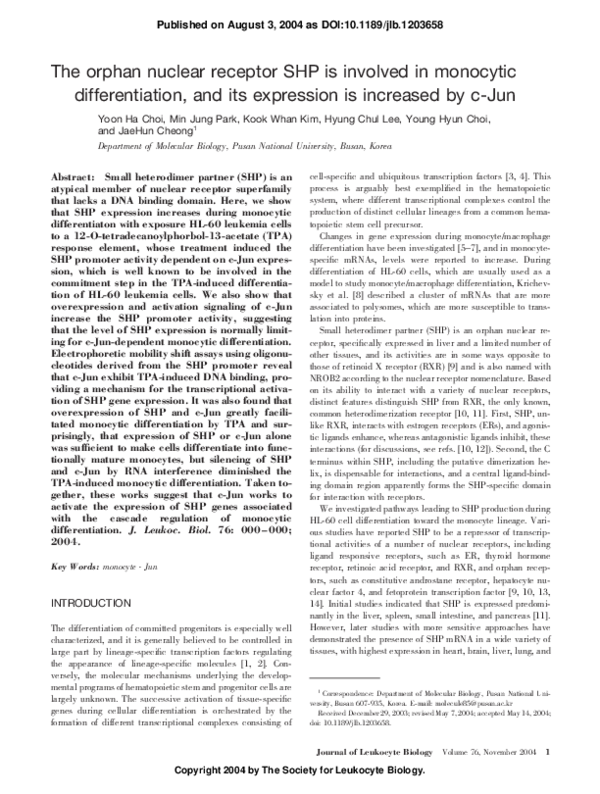 (PDF) The orphan nuclear receptor SHP is involved in monocytic ...