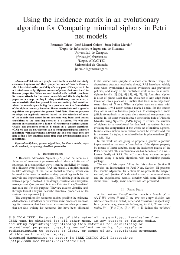 (PDF) Using the incidence matrix in an evolutionary algorithm for computing minimal siphons in ...