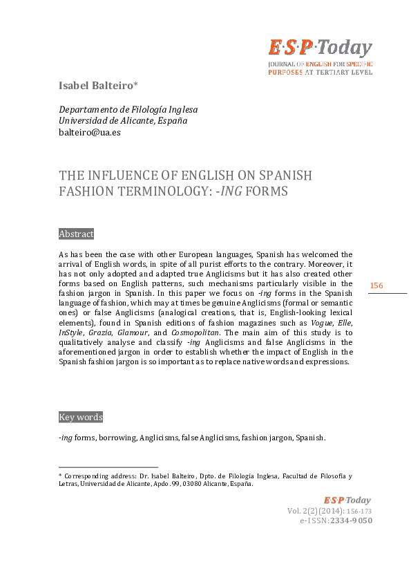 (PDF) The Influence of English on Spanish Fashion Terminology: -ing Forms