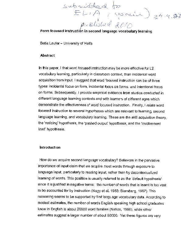 (PDF) Form focused instruction in second language vocabulary learning
