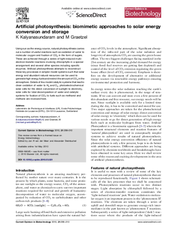 (PDF) Artificial photosynthesis: biomimetic approaches to solar energy ...