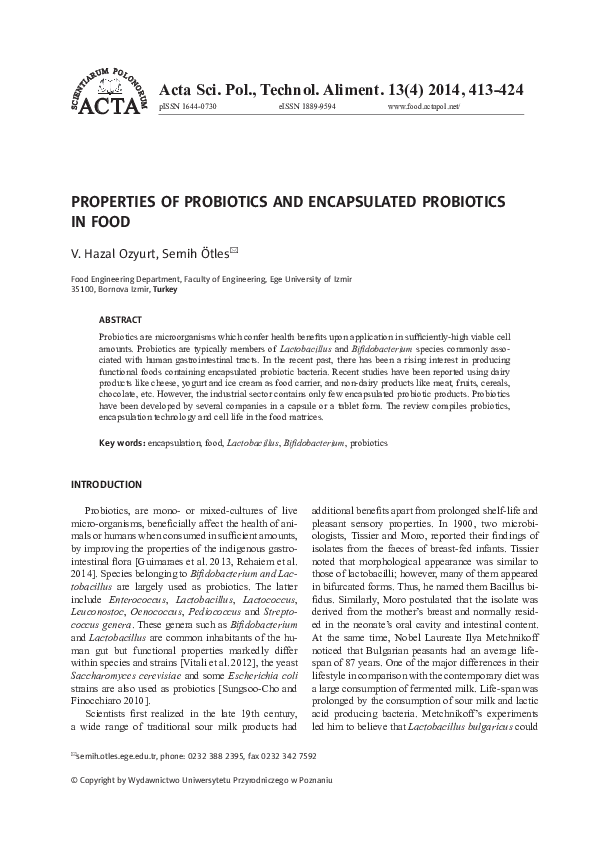(PDF) SC IE N T I PROPERTIES OF PROBIOTICS AND ENCAPSULATED PROBIOTICS ...