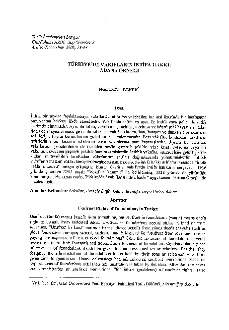 (PDF) TÜRKİYE'DE VAKIFLARIN İNTİFA HAKKI: Adana Örneği/ USUFRUCT RIGHTS ...