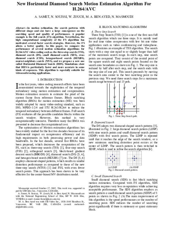 Pdf New Horizontal Diamond Search Motion Estimation Algorithm For H 264 Avc Ali Ay