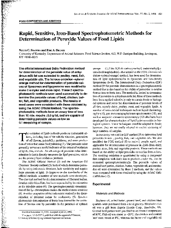 Pdf Rapid Sensitive Iron Based Spectrophotometric Methods For Determination Of Peroxide Values