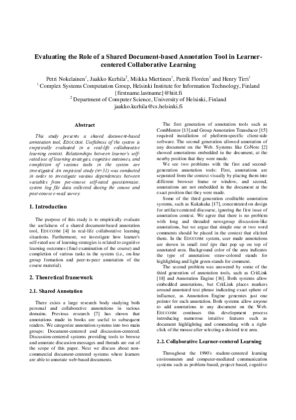 (PDF) Evaluating the Role of a Shared Document-Based Annotation Tool in ...