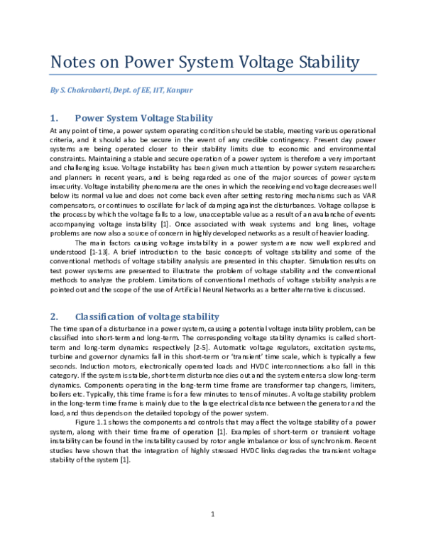 (PDF) Notes on Power System Voltage Stability