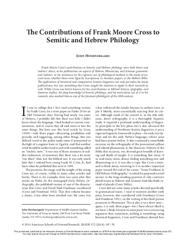 (PDF) 2014 The Contributions of Frank Moore Cross to Semitic and Hebrew ...