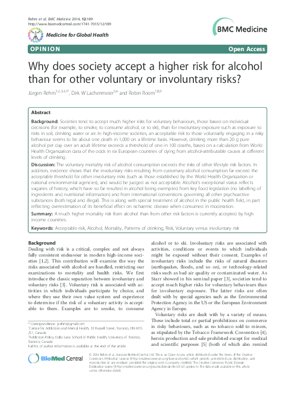 (PDF) Why does society accept a higher risk for alcohol than for other ...