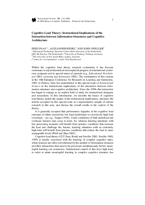 Pdf Cognitive Load Theory Implications Of Cognitive Load Theory On The Design Of Learning